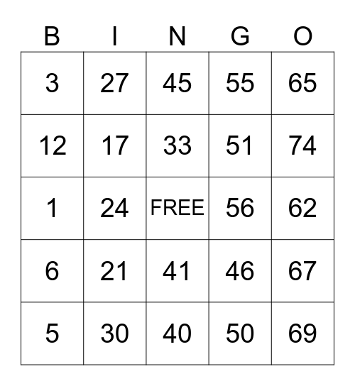 Number Bingo 1-75 Bingo Card