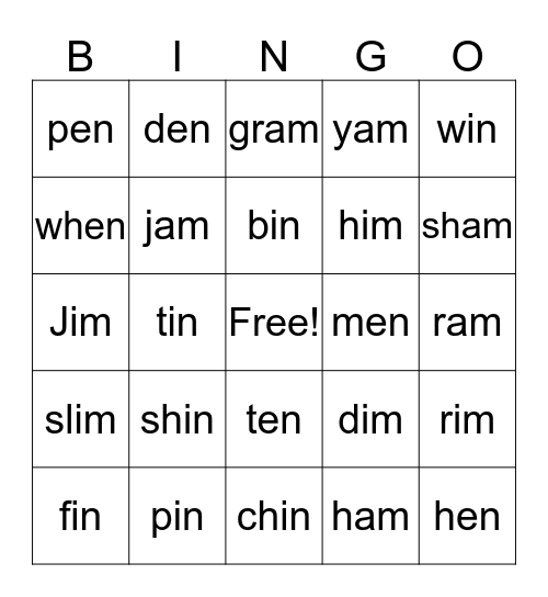Word Family Bingo Card