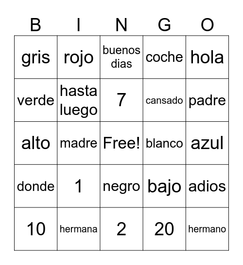 Spanish Bingo Card