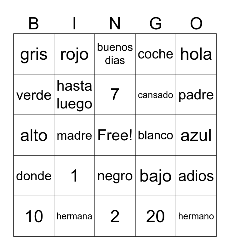 Spanish Bingo Card