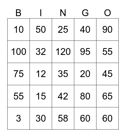 Multiples of 5 Bingo Card