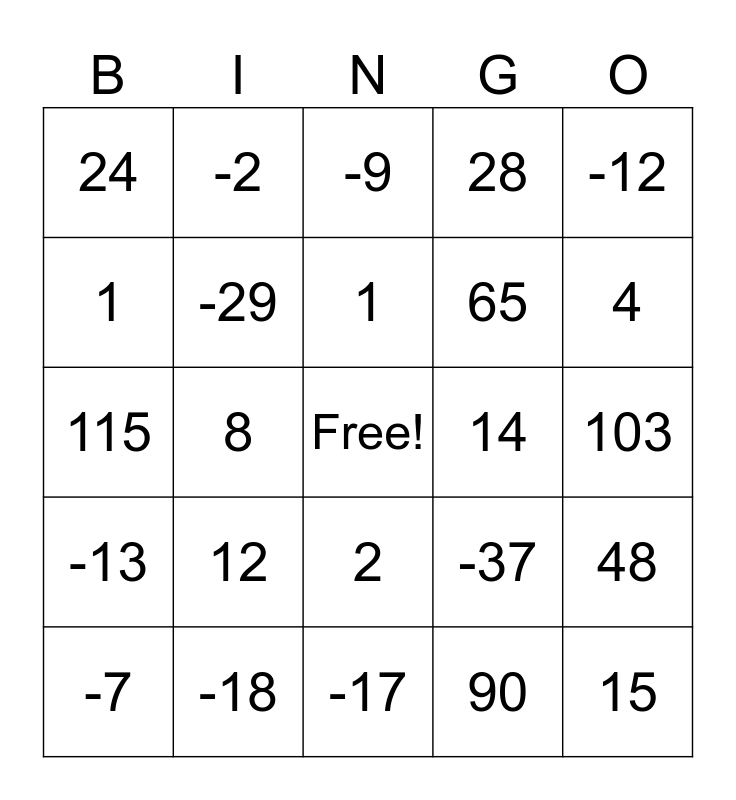Adding Integers Bingo Card