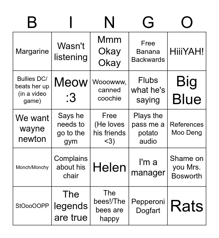 Jay on Game night Bingo Card