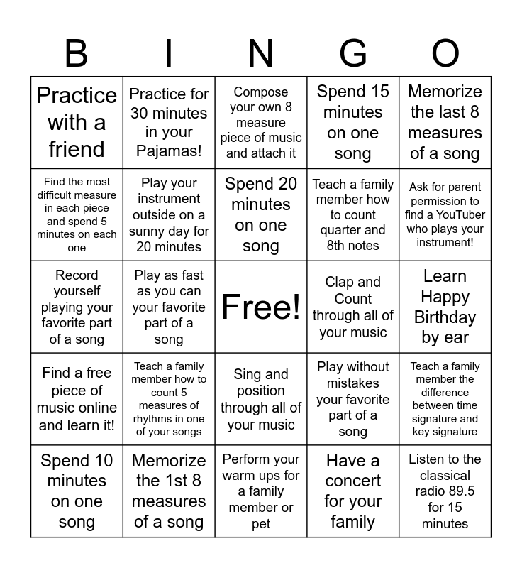 Fall Break - Intermediate Band Bingo Card