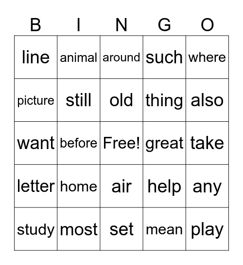 Sight Word Bingo Card