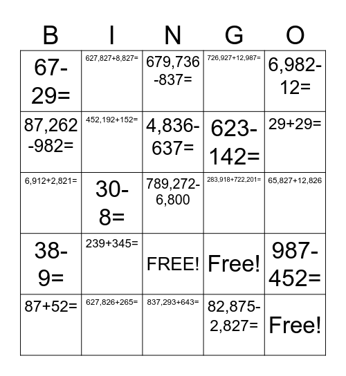 Sumas y Restas Bingo Card
