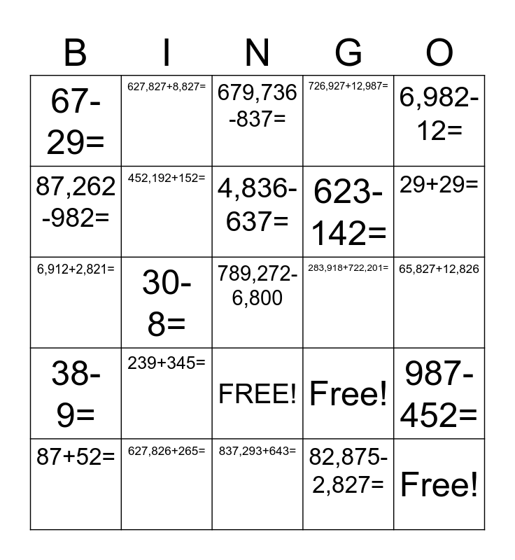 Sumas y Restas Bingo Card