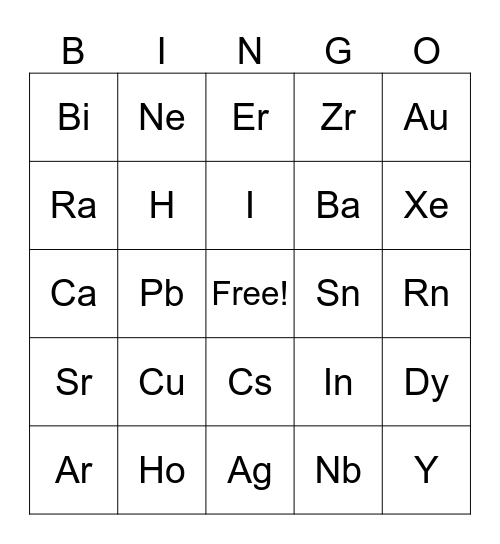Periodic Table Bingo Card