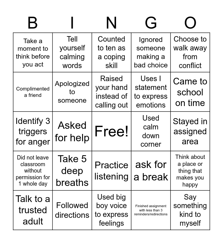 Counseling Bingo Card