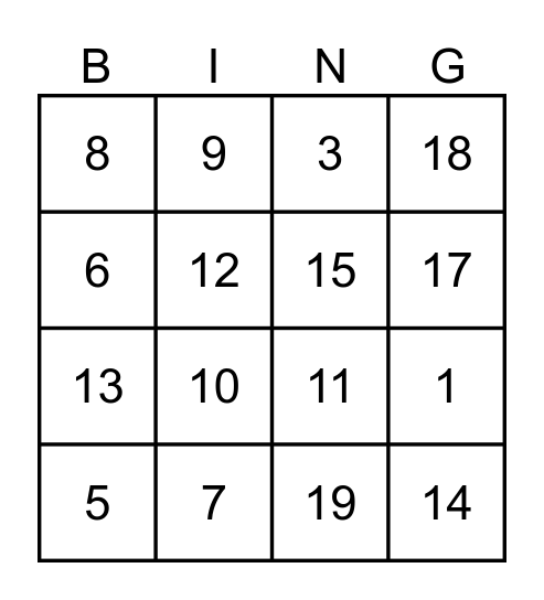 Numbers Bingo Card