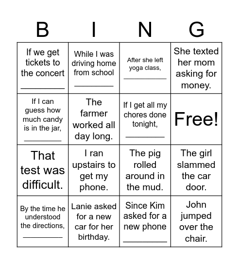 Independent vs Dependent Clauses Bingo Card