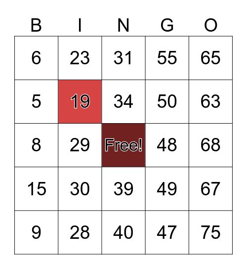 Number Bingo 1-75 Bingo Card