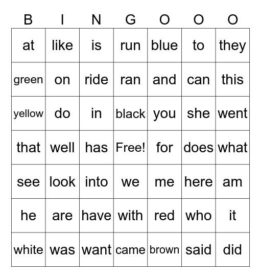 Kindergarten Sight Words Bingo Card