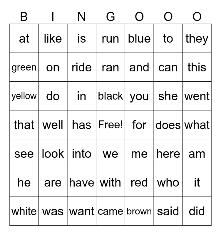 Kindergarten Sight Words Bingo Card