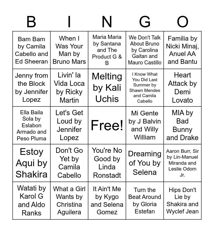 Hispanic Artist Bingo Card