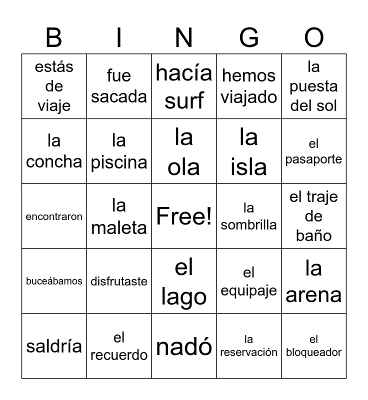 Span 3 U4 de Vacaciones Bingo Card