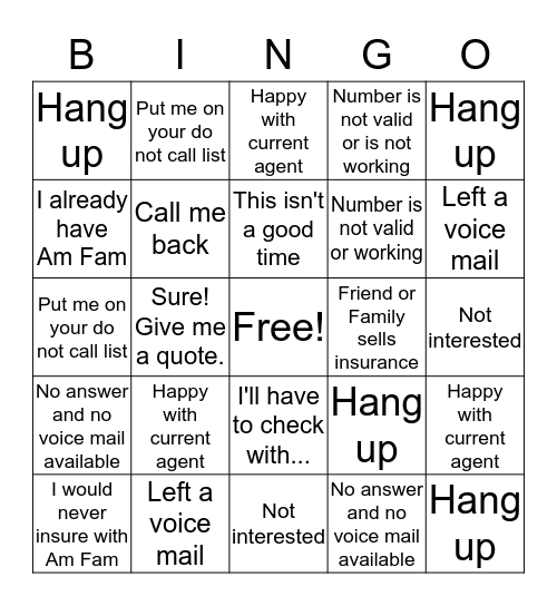 Cold Calling Bingo Card