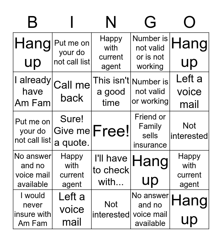 Cold Calling Bingo Card