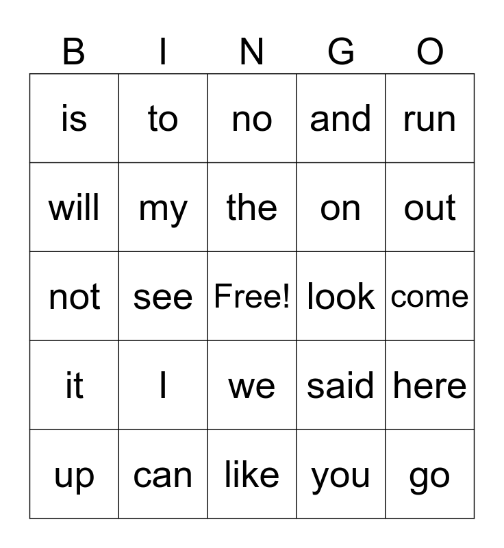Sight Words Bingo Card