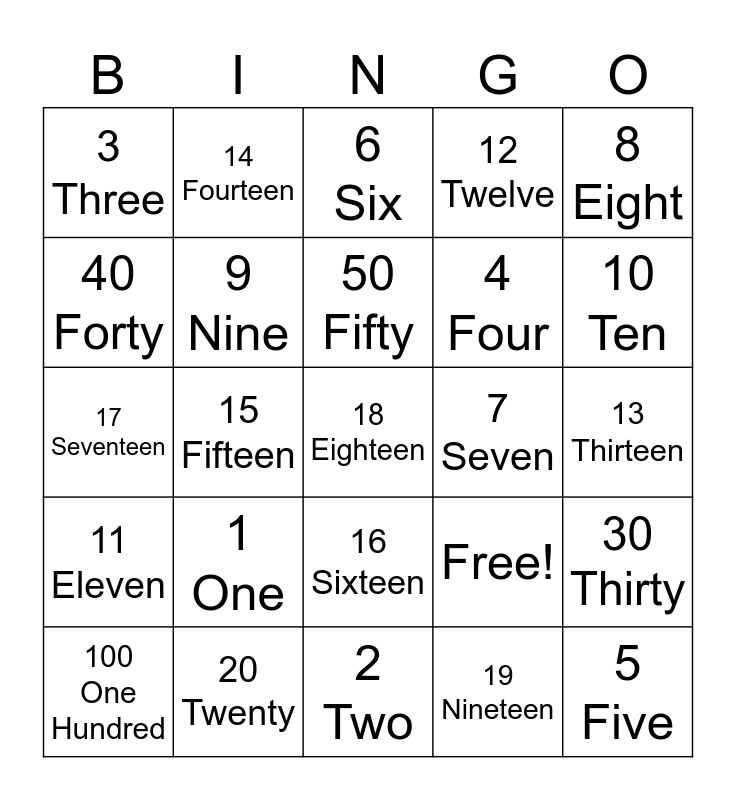 Numbers Bingo Card