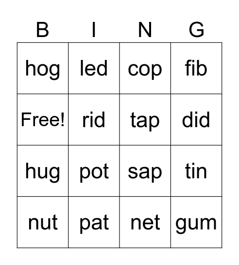 CVC Word BINGO #1 Bingo Card