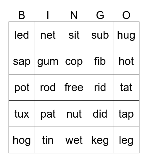 CVC Word BINGO #1 Bingo Card