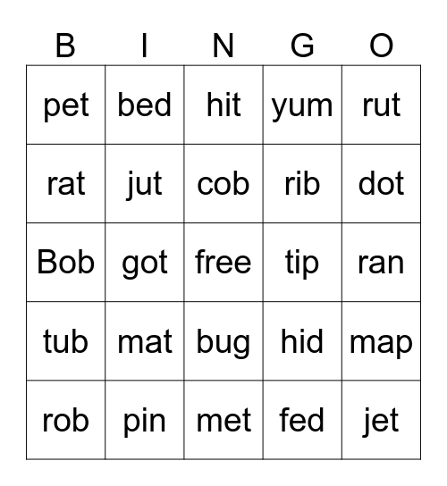 CVC Word BINGO #1 Bingo Card
