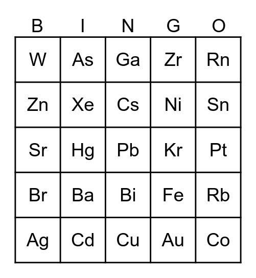 Element BINGO - Symbol 26-52 Bingo Card