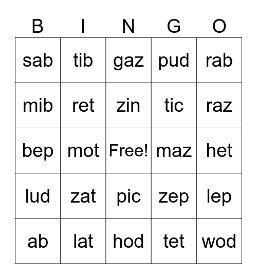 Nonsense words Bingo Card