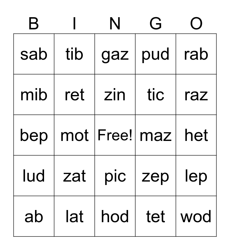 Nonsense words Bingo Card