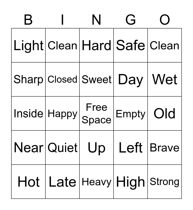 Antonym Bingo Card