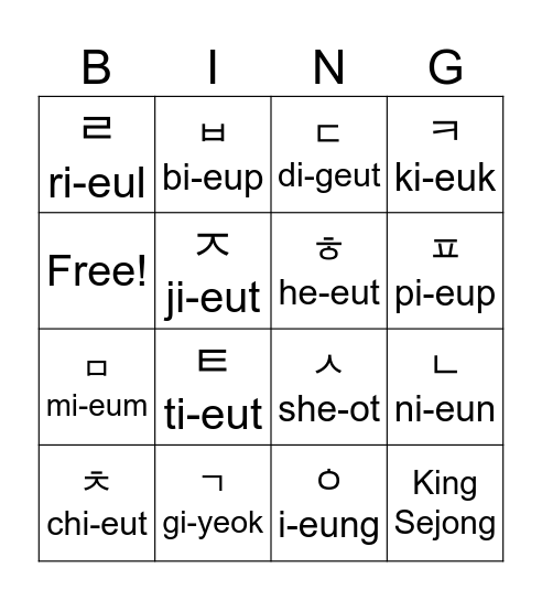 Korean Consonants Bingo Card