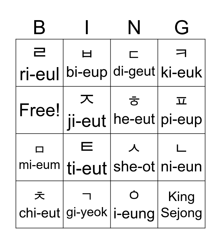 Korean Consonants Bingo Card