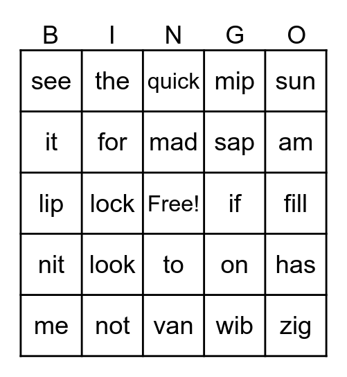 CVC Words/Sight Words Bingo Card