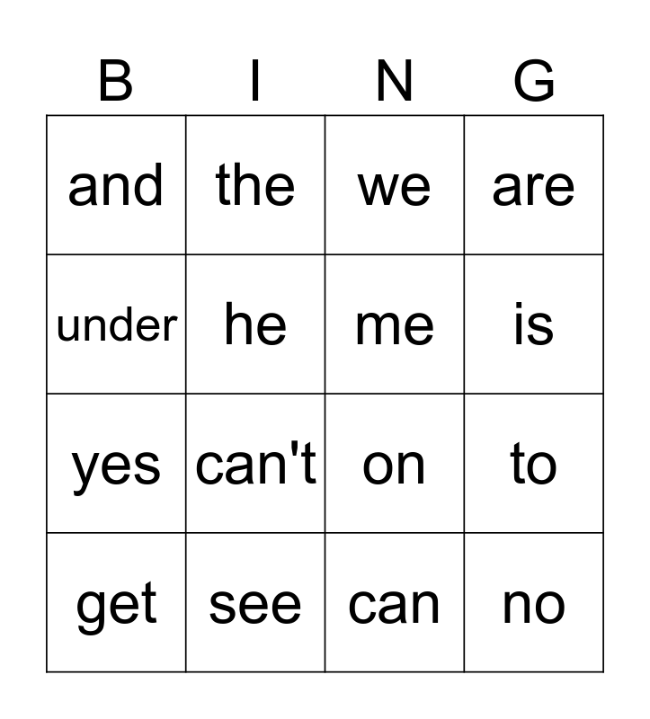 SIPPS Beginning Sight Words Bingo Card