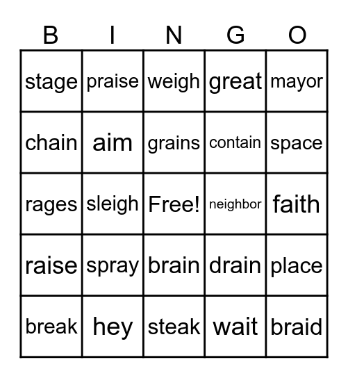 Long a Words Bingo Card