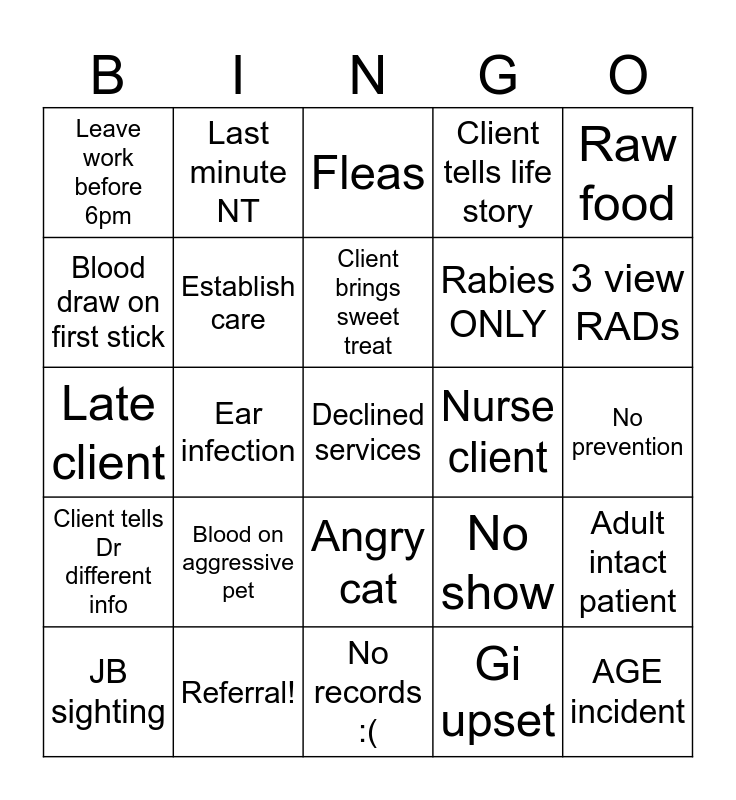 Vet Tech Bingo Card
