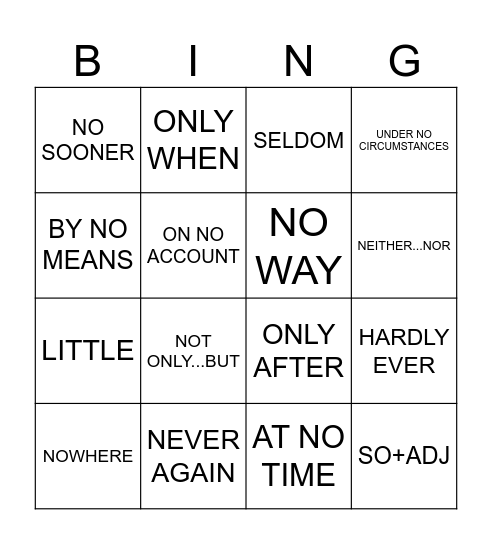 NEGATIVE INVERSION Bingo Card