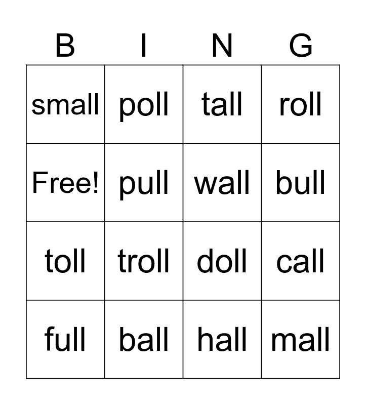 -all, -oll, -ull Word Bingo Card