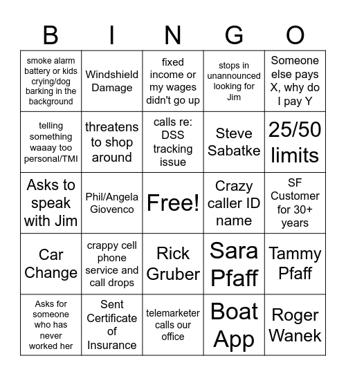 State Farm BS Bingo Card