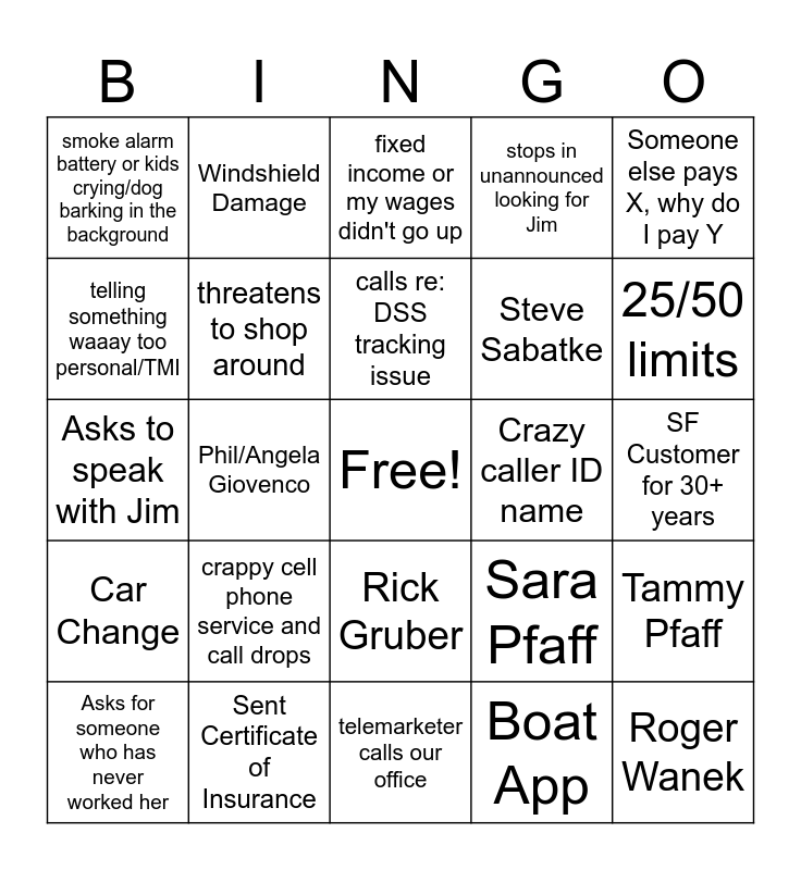 State Farm BS Bingo Card