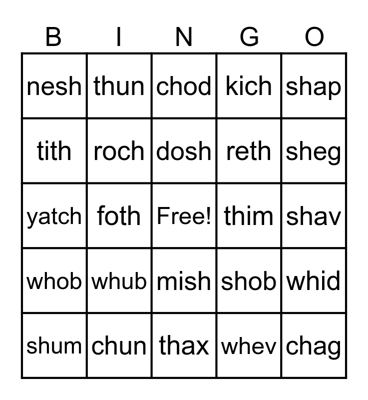 Nonsense Words with Digraphs Bingo Card