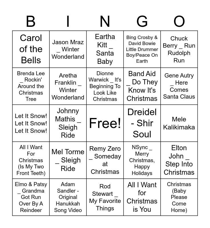 Holiday Music Bingo Card
