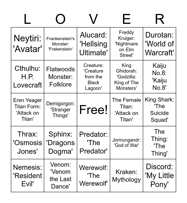 Monster "Lover" Bingo Card