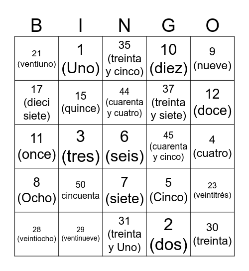 Spanish number bingo! Bingo Card