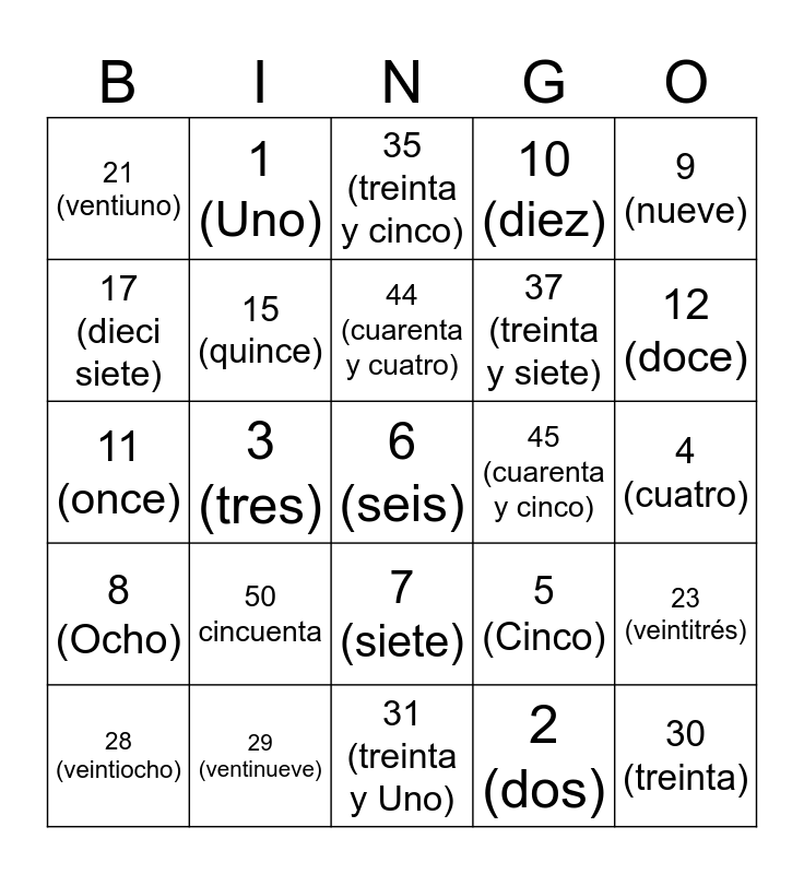 Spanish number bingo! Bingo Card