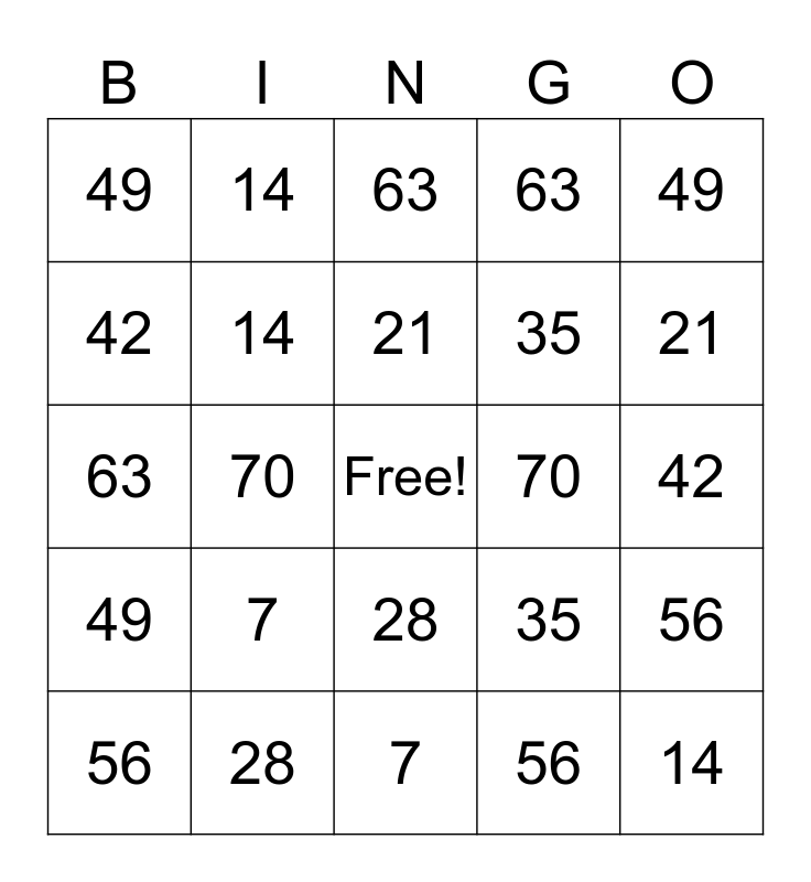 Multiply x7 Bingo Card