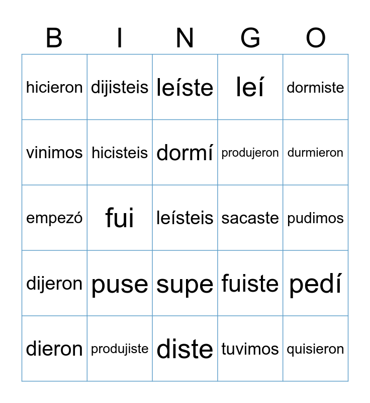 Verbos irregulares en el pretérito indefinido Bingo Card