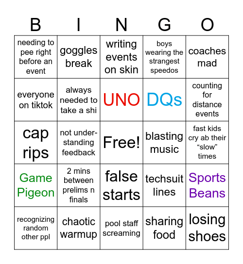 Swim meet Bingo Card