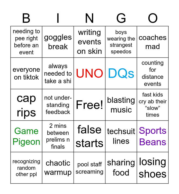 Swim meet Bingo Card